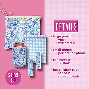Lilly Pulitzer Water Resistant Vinyl Beach Day Pouch, Zipper Bag Includes Drink Hugger, Small Pouch, and Towel Clips, Soleil It On Me