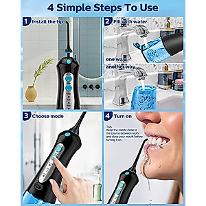 Cordless Water Flosser for Teeth Professional Water Teeth Cleaner Picks Dental Oral Irrigator with 3 Modes & 4 Jet Tips for Braces Gums, IPX7 Waterproof, 300ml Detachable Tank for Home Travel Black