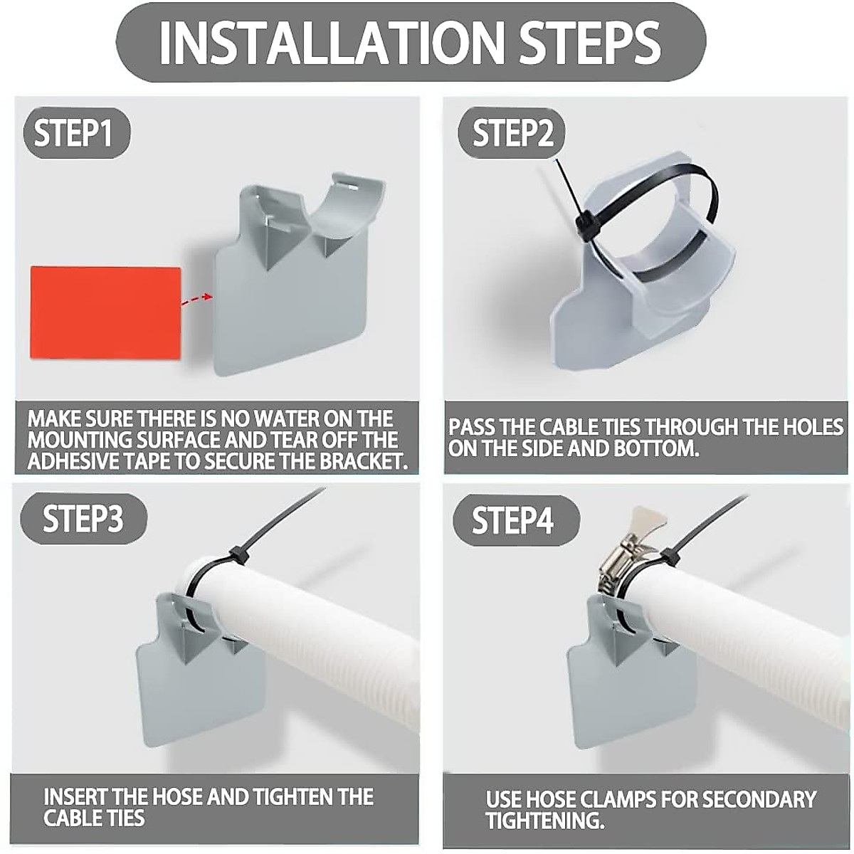 [4PCS]Swimming Pool Pipe Holders,Above Ground Swimming Pool Hose Support Brackets,Stainless Steel Hose Clamps for Anti Puncture,Be used for Anti Tear Preventing Pipes Sagging Accessory—grey