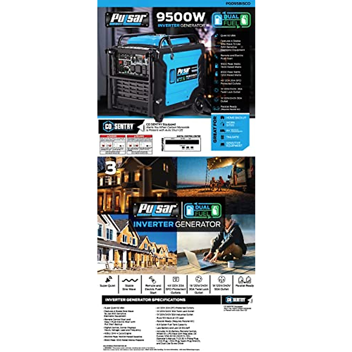 Pulsar PGD95BISCO Super Quite Dual Fuel 9500W Home Use Backup Portable Inverter Generator With Remote Control and electric start (CO, low battery and low oil Shutoff), RV ready