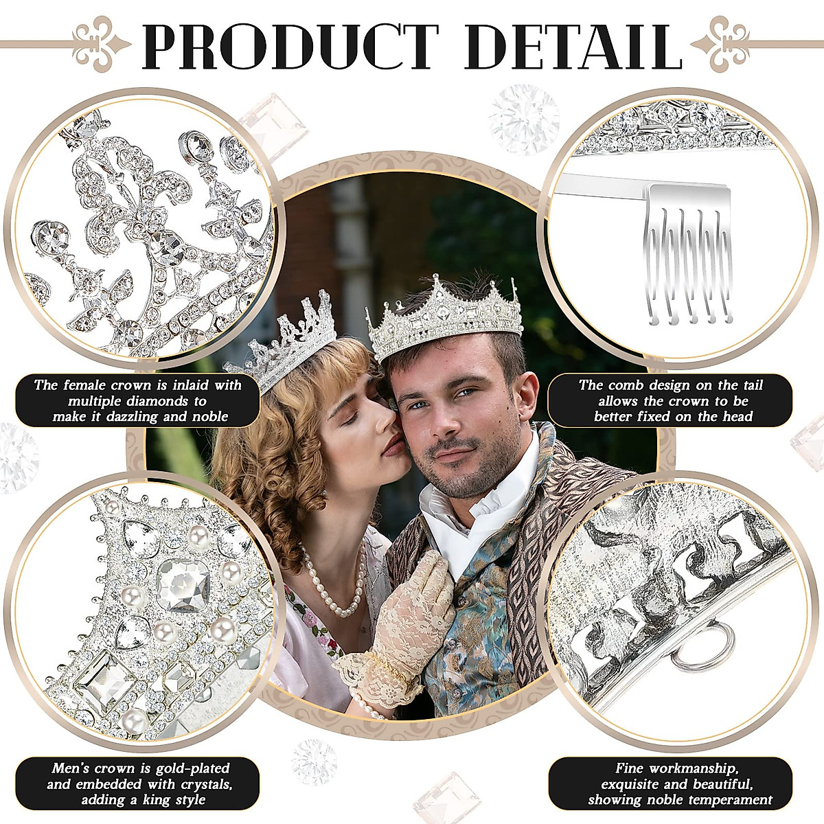 Juexica 2 Pieces Crowns King and Queen Wedding Crown and Tiaras for Women Men Halloween Princess Vintage Headband Birthday Crown Bridal(Silver)