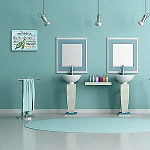 Creoate Bathroom Picture Wall Decor, Framed Wisdom Sea Turtle Green Canvas Art Motivational Artwork for Home Bathroom Wall Art, 12x15 Inches