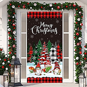 Christmas Door Cover Merry Christmas Door Banner Backdrop Buffalo Plaid Christmas Tree Door Hanging Cover for Xmas Winter Holiday Photography Hanging Decorations Supplies, 71 x 35 Inch