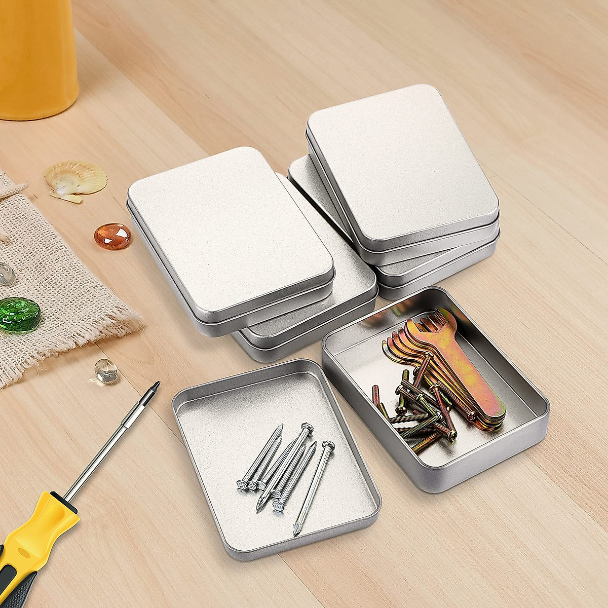 JUXYES Pack of 12 Rectangular Storage Tins Box With Lid, Metal Silver Empty Tins Box Containers Mini Storage Box Organizer For Candles Candies Gifts Balms, 4.5 x 3.14 x 1 Inch