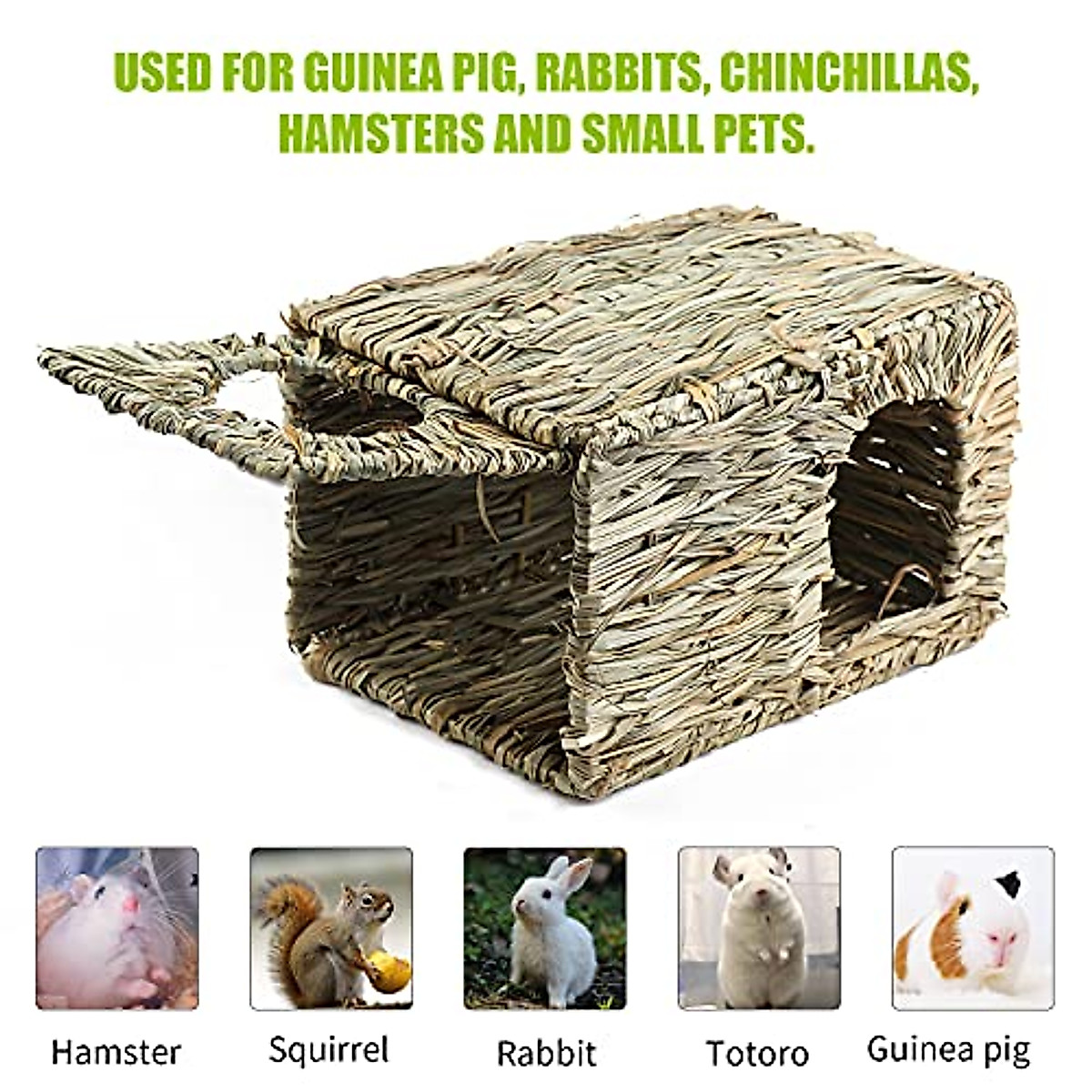 Fuaier Large Grass House for Rabbit Guinea Pig Hamster Chinchilla and Small Animals. Hand-Woven Safe and Comfortable Foldable Playhouse for Laying or Sleeping