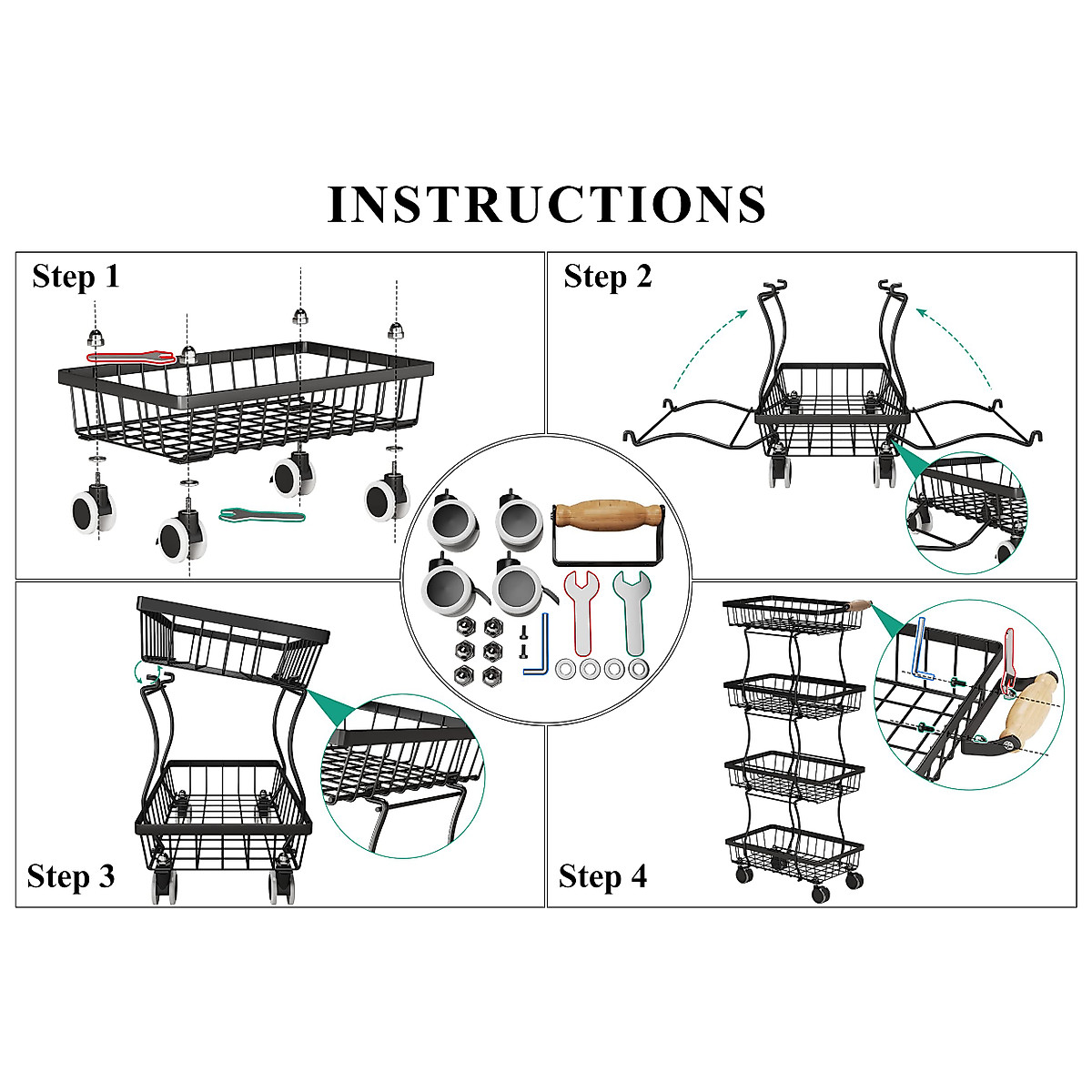 Fruit Vegetable Basket for Kitchen Organizers - 4 Tier Stackable Metal Wire Basket Stand, Black