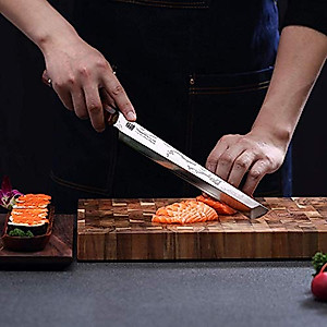 FINDKING Prestige Series Sakimaru Knife with Walnut Cover, Japanese SKD11 Damascus Steel Blade, Ebony Wood Octagonal Handle, Professional Sashimi Sushi Fish Knife (10.5 Inches, with Wooden Gift Box)