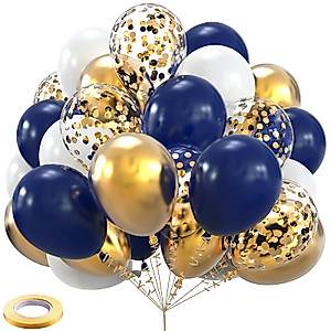 Navy Blue and Gold Confetti Balloons, 60 pcs 12 inch Pearl White and Gold Metallic Chrome Party Latex Balloon with 33 Ft Gold Ribbon for Birthday,Wedding and Celebration Graduation Decoration