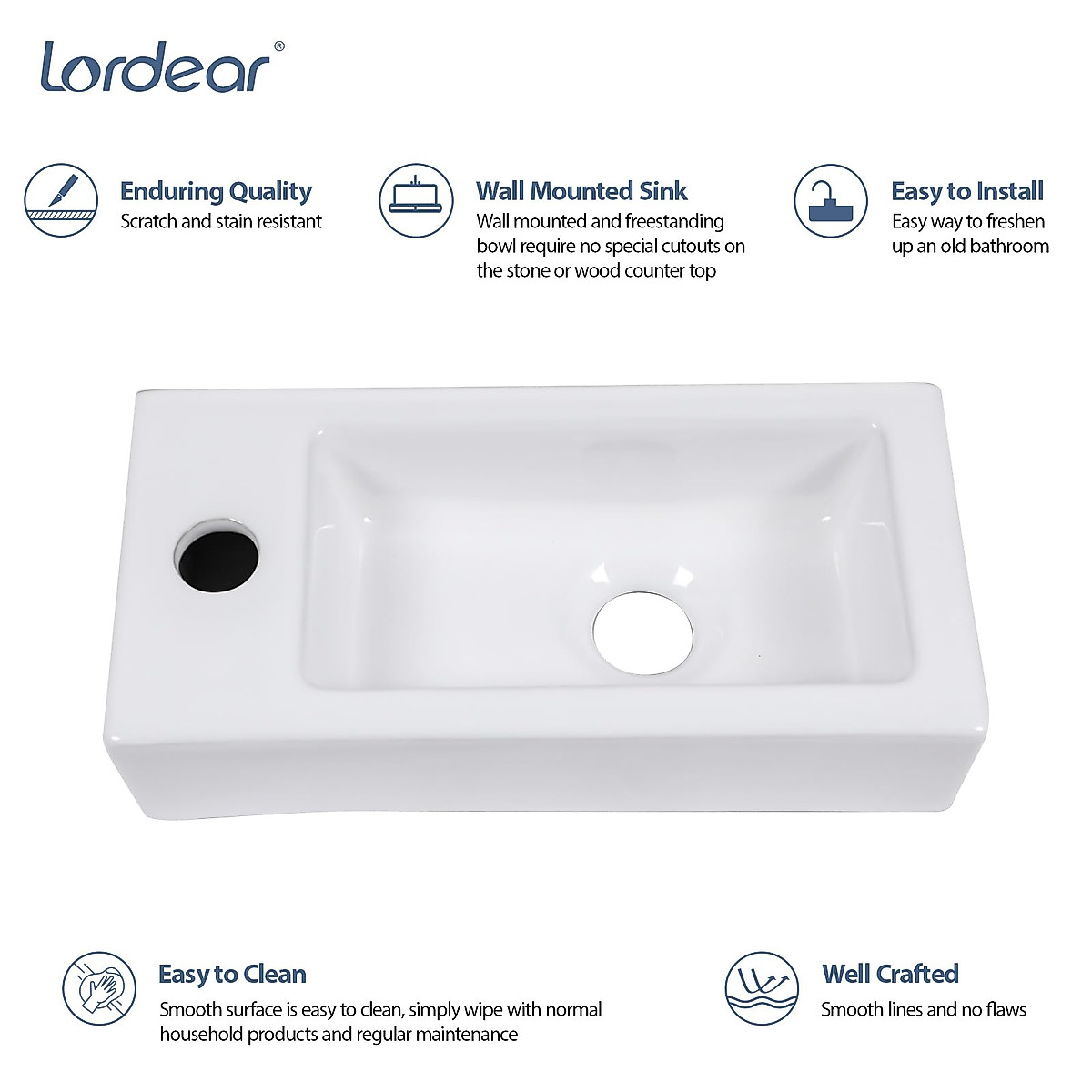 Lordear Small Bathroom Sink Wall Mounted Corner Sink 15"x 7" Floating Hand Wash Basin Wall Hung Left Hand White Ceramic Tiny Vessel Sink for Cloakroom Bathroom