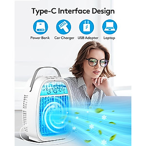 Portable Air Conditioners Fan,JYew Evaporative Mini Room Air Conditioners,Portable AC Unit Air Cooler with 4 in 1 Humidifier Fan Conditioner RGB Light, 3 Speed AC Portable for Room Car Office (White)