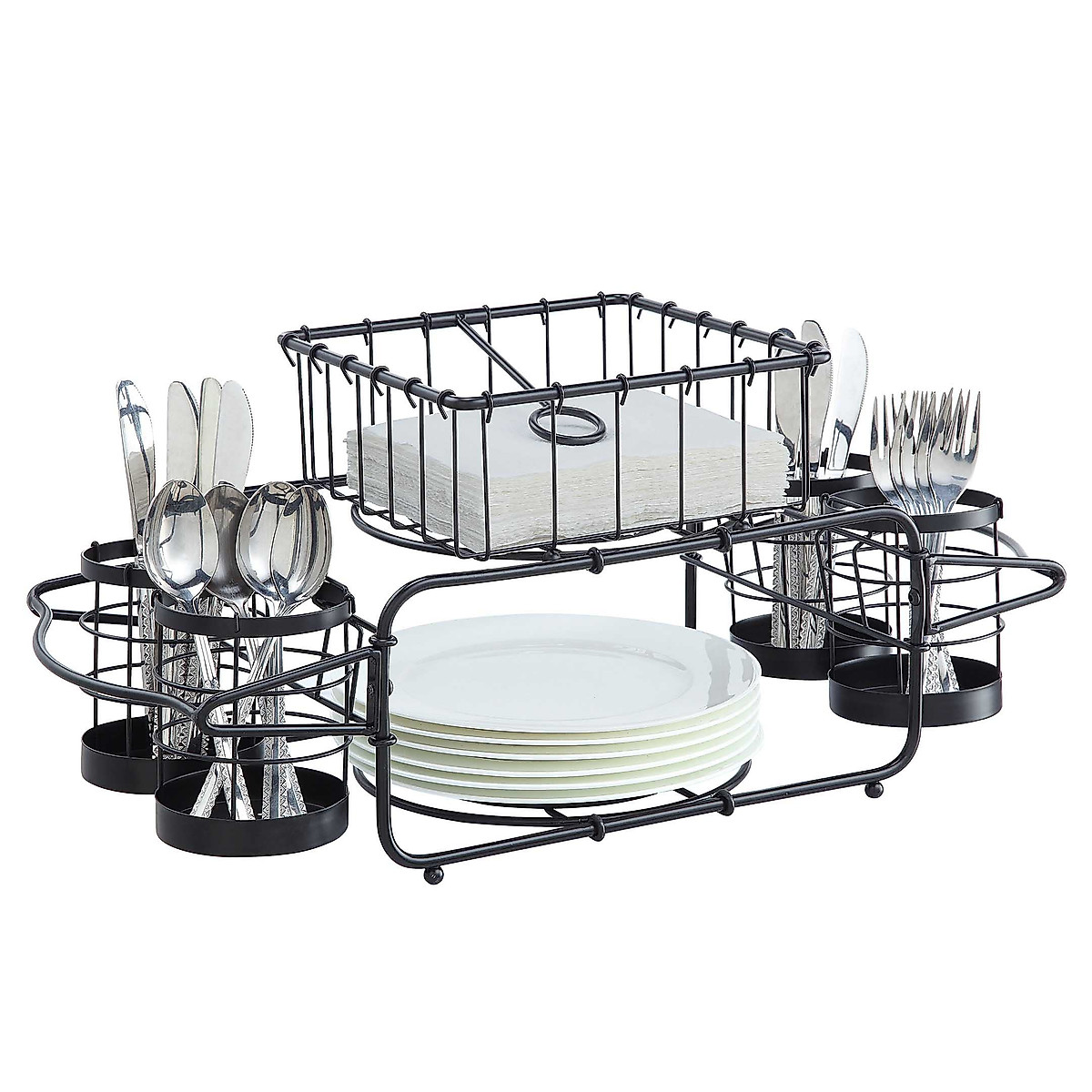Giftburg Farm Buffet Caddy Tabletop Organizer, Flatware Napkin and Plate Picnic Caddy Stackable Serving Set, Black
