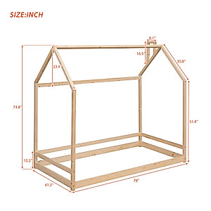 Harper & Bright Designs Montessori House Bed Twin for Kids, Toddler House Bed with Roof,Wood Floor Bed Frame for Girls Boys Bedroom Furniture, Box Spring Needed,Natural