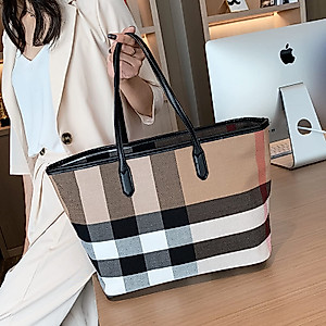 Waiyqju Plaid Canvas Women's Tote Aag Large Capacity Fashion Spacious Satchel Leisure Beach Bag (black)