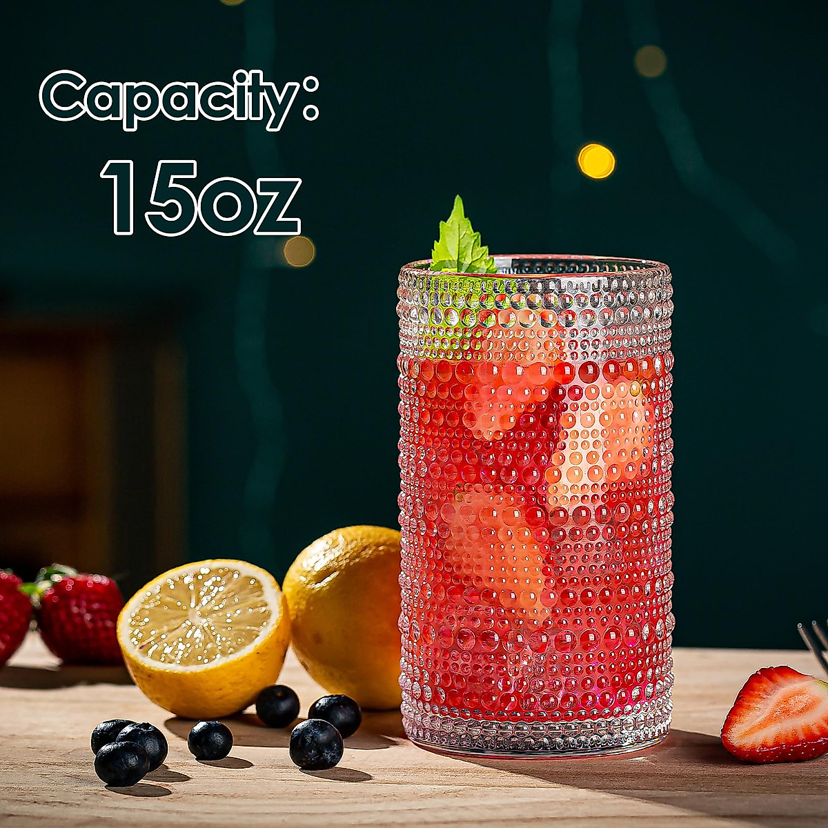 wookgreat Drinking Glasses, 8 pcs Embossed Designed Glass Cups, 15oz Highball Glasses, Tall Water Glass Tumbler, Mojito Cups, Cocktail Glass, Vintage Glassware Set for Water, Juice, Cocktail, Whiskey