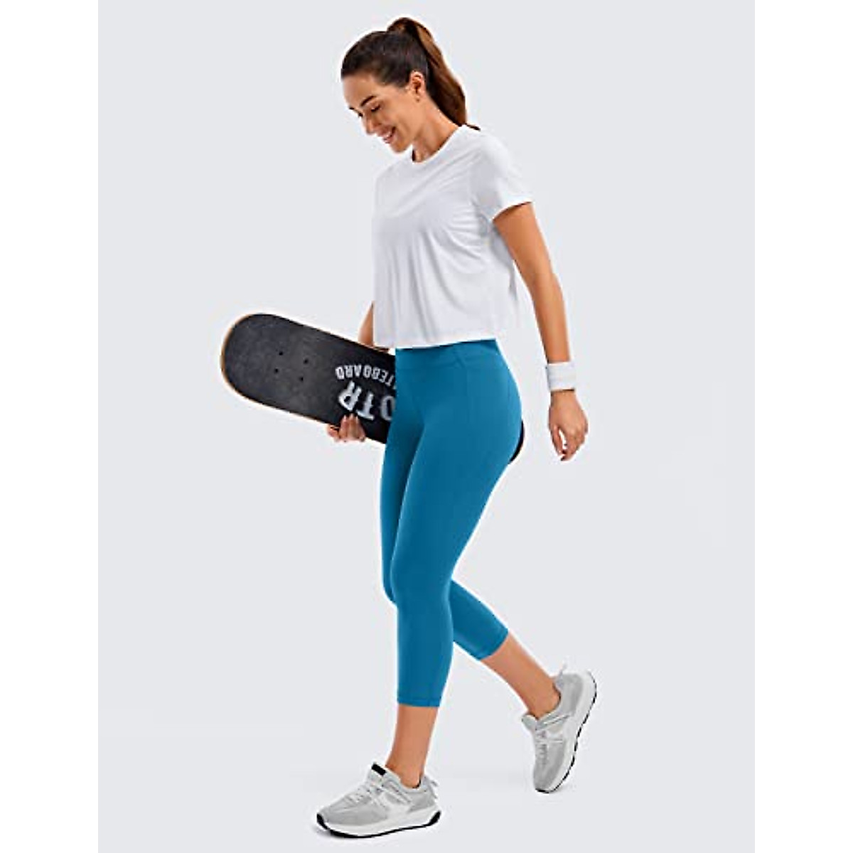CRZ YOGA Womens Butterluxe Workout Capri Leggings with Pockets 21 Inches - High Waisted Gym Athletic Crop Yoga Leggings Super-Sonic Blue Medium