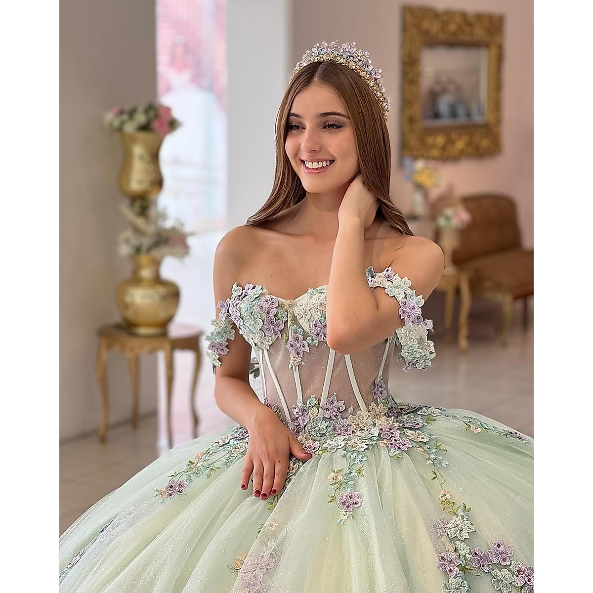 Mouccy Lace Sky Blue Quinceanera Dresses 2024 Beaded Pearly Ball Gowns Floral Off Shoulder Sweet 16 Dresses Petite