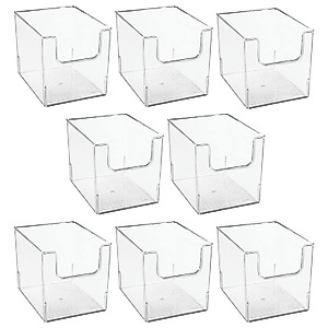 mDesign Plastic Household Storage Organizer Bins with Open Dip Front for Kitchen, Bedroom, Bathroom, Office, Craft or Playroom Organization - Hold Toys, Books - Ligne Collection, 8 Pack - Clear