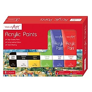 Work of Art 6 Pack Acrylic Paints, 75 ml (Pack of 6), Lemon Yellow, Lamp Black, Titanium White, Emerald Green, Royal Blue and Crimson Red 6 Piece