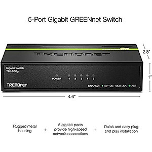 TRENDnet 5-Port Mini Gigabit Switch, TEG-S50g, GREENnet Technology, NDAA + TAA Compliant, Desktop Metal Ethernet Network Switch, 5 x Gigabit Ports, Fanless, Lifetime Protection, Black