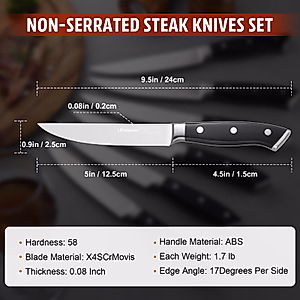 LAZIOPATER Steak Knives Set of 6, Non-Serrated Blades,5 inch Steak Knife, High Carbon Germany Stainless Steel, Premium 5" Kitchen Knives, Dishwasher Safe, with Gift Box, Black (4)