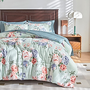 Floral Comforter Sheet Set Bed in a Bag 6 Pieces Twin Size Red Flowers Microfiber Summer Bedding Set (1 Comforter 2 Pillow Shams 1 Flat Sheet 1 Fitted Sheet 1 Pillowcases)