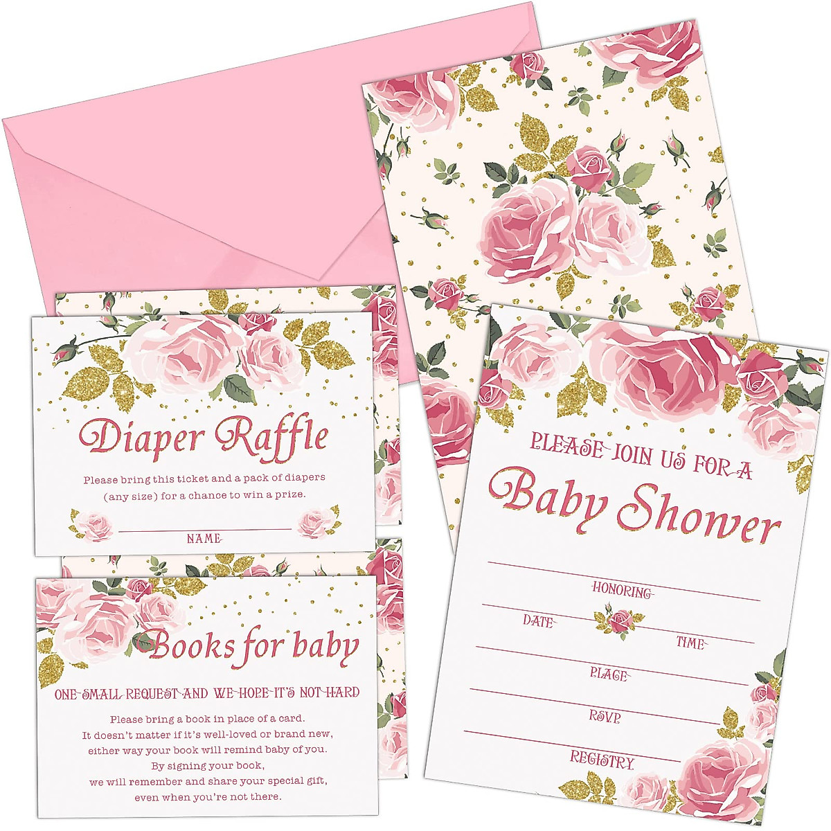 Marspark Set of 25 Pink Floral Baby Shower Invitations, Diaper Raffle Tickets and Baby Shower Invitation Cards with Envelope, Baby Shower Party Supplies for Sweet Girl