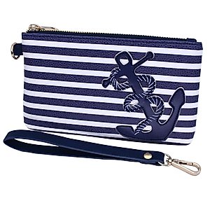 Small Anchor Wristlet Wallet Purse for Women Faux Leather Bag Handbag with Zipper Blue