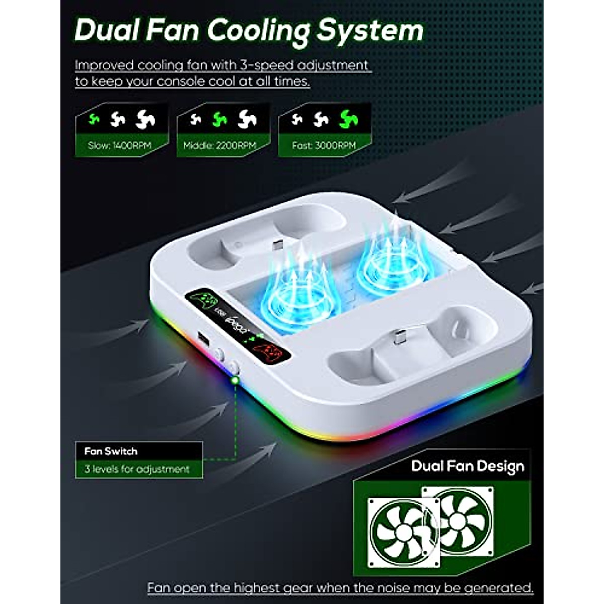 Cooling Fan Stand & RGB Light Strip for Xbox Series S,Dual Charger Station with 2 X 1400mAH Rechargeable Battery Pack,Charging Dock Accessories for XSS with 15 RGB Light Modes,USB2.0 Port for Sync
