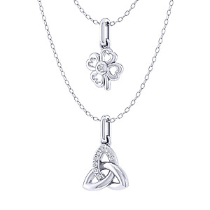 Dainty Four Leaf Clover and Celtic Trinity Knot Layered 1/20 Cttw Natural Diamond Pendant Necklace set in 925 Sterling Silver