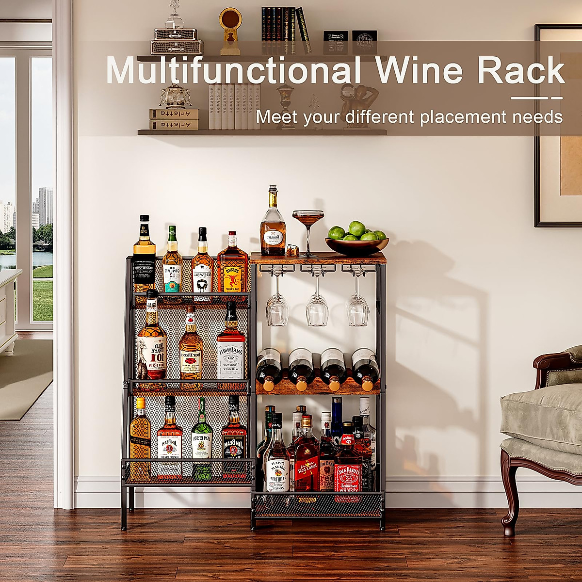 Versatile Liquor Stand for Home Bar, Wine Rack Freestanding Floor, Mini Bar Table for Liquor Whiskey Wine, 3-Tier Trapezoidal Liquor Bottle Display Shelf with Glass Holder and Fences(Patent Pending)