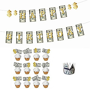 YiiiGoood Money Theme Decoration KIT Bill Dollar Signs Birthday Banner & Cupcake Toppers & Crown Set for Birthday Casino Wedding Showers Retirement Anniversary Graduations Party