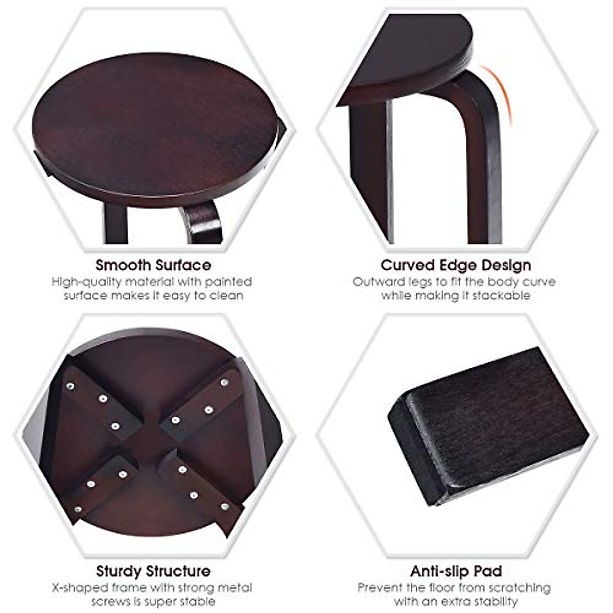 COSTWAY Stackable Bentwood Stools Set of 4, 18-Inch Height Backless Counter Chairs with Round Top, Anti-Slip Felt Pad, Portable School Stool for Dining Room, Kitchen, Classroom, Dark Coffee