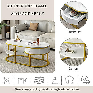 Qiyom Modern Faux Marble Coffee Table, Oval Coffee Table with Storage Shelf and Metal Frame, White Coffee Table Cocktail Table for Living Room, Home Office