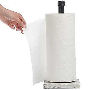 MyGift Industrial Black Metal Pipe Paper Towel Holder Countertop Bathroom Paper Towel Holder Stand with Vintage White Solid Wood Base