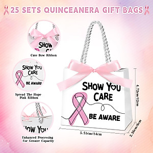 Weekgrat 25 Pack Small Pink Ribbon Bags with Handles Breast Cancer Awareness Paper Gift Bags and Bow Ribbon Show You Care Breast Cancer Bags Women Men Breast Cancer Fighter, 5.51 x 2.36 x 4.72 inch