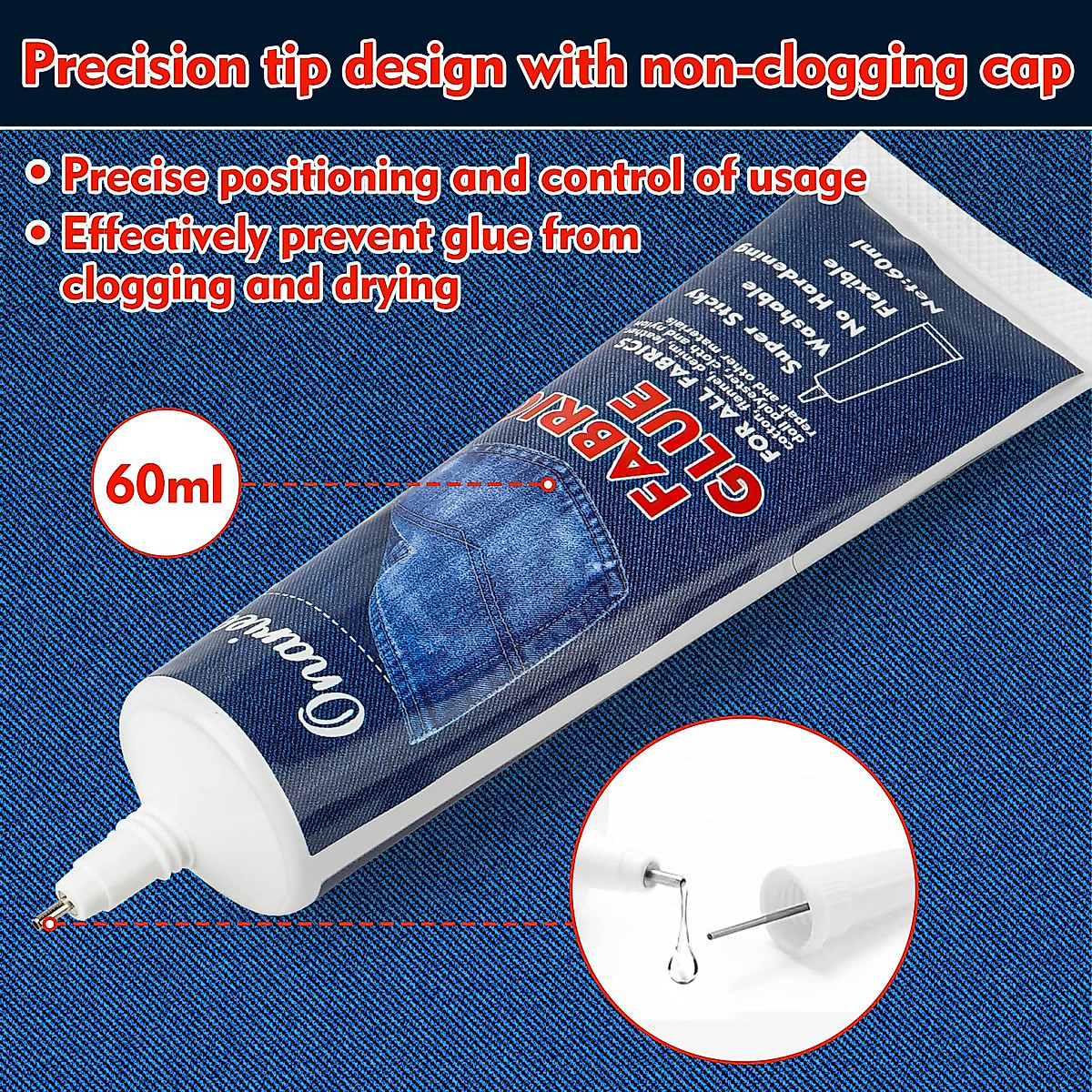 Onarieer 60ml Fabric Glue, Fabric Glue Permanent Clear Washable for Patches Drying Waterproof Fabric Adhesive Glue for All Fabrics, Clothes, Cotton, Flannel, Denim, Leather, Polyester, Doll Repair