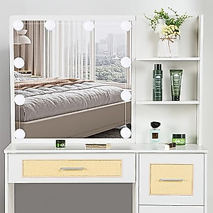 JBLCC Makeup Vanity Table with Lighted Mirror,Large Vanity Desk Set with Shelves, Dresser Desk and Cushioned Stool Set White (3076)