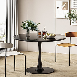Recaceik Modern Round Dining Table, 42.1'' Tulip Table with MDF Table Top & Metal Pedestal Base for Dining Room Living Room Cafe w/ 0.71” Thickened Tabletop for 4-6 People, Black