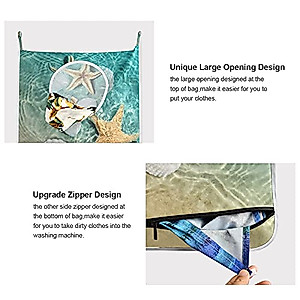 xigua Summer Beach Starfish And Seashell Hanging Laundry Hamper Bag, Hanging Laundry Basket for Holding Dirty Clothes, Space Saving Hanging Laundry Bag with Free Adjustable Steel & Suction Cup Hooks 1