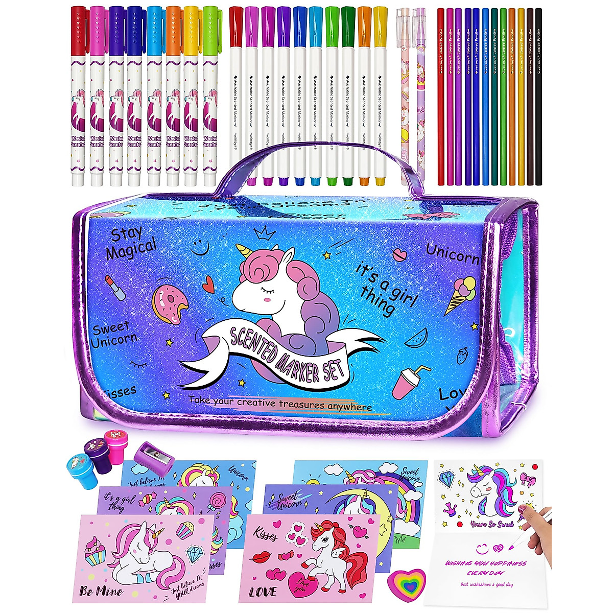 weirtoya Washable Fruit Scented Markers Set with Unicorn Pencil Case Stationery Set Valentine's Day Gifts Unicorn Toys Birthday Gifts for Girls 4-9 Years Valentine Craft Magical Unicorn