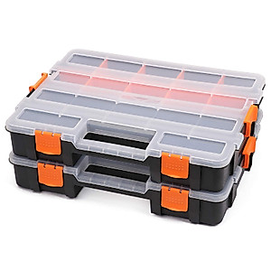 Makitoyo Tool Box Organizers, Interlocking Black Small Parts Organizer for Fasteners, Parts and Crafts w/Removable Dividers, 2 Pieces Pack, Black & Orange,15”L×11.6”W×2.6”H