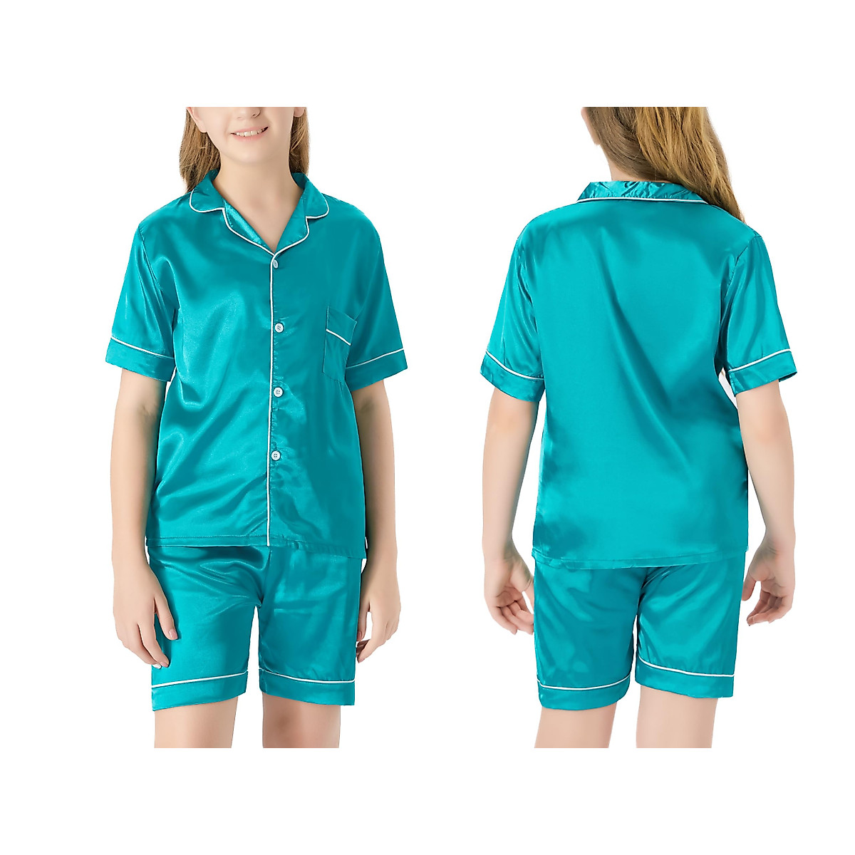 Topgal Big Girls Pajamas Size 10 – Lovely Teal Satin Short Sleeve & Shorts PJ Set Sleepwear