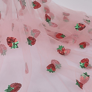 Lovely Sequins Embroidered Strawberry Net Fabric Lightweight Tulle Netting for Sewing Dresses - 60 inches Wide, 2 Yards Precut - Pink