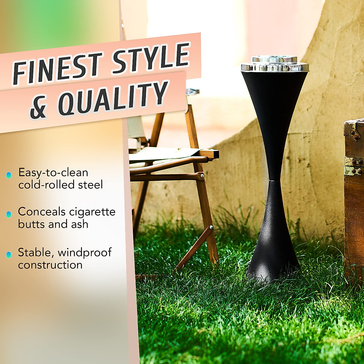 CO-Z 22" Standing Smokeless Ashtray for Cigarettes Cigars More | Metal Pedestal Cigarette and Cigar Ashtray | Fancy Retro Floor Ashtray with Lid for Home Office Decor with Cigarette Case, Matte Black