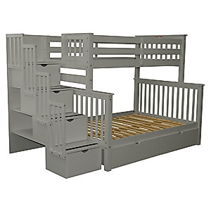 Bedz King Stairway Bunk Beds Twin over Full with 4 Drawers in the Steps and 2 Under Bed Drawers, Gray