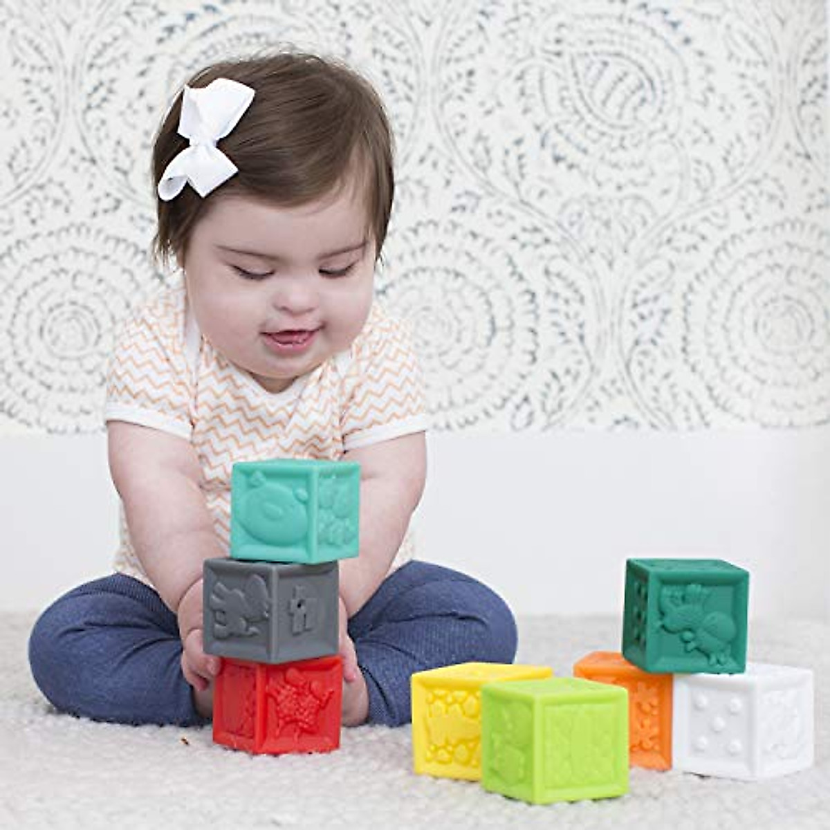 Infantino Squeeze and Stack Block Set - Colorful Textured Soft Blocks, Includes Numbers, Animals and Shapes, Ages 6 Months +