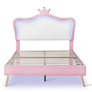 DNYN Full Size Upholstered Platfrom Bed for Kids,Princess Bedframe with Crown Headboard & LED Design,for Girls Bedroom,No Box Spring Needed & Easy Assembly, Pink