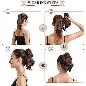 BARSDAR 10 Inch Claw Clip in Ponytail Hair Extensions Hair Piece Short Curly Synthetic for Girls Women (Darkest Brown mix Dark Auburn Evenly)