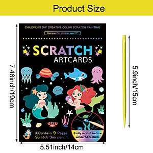 Mocossmy Mermaid Magic Scratch Art for Kids,9 Sheets Double Sided Mermaid Ocean Theme Rainbow Scratch Paper Scratch Art Crafts & Scratch Sticks for Kids Boys Girls Birthday Party Favor Supplies Games
