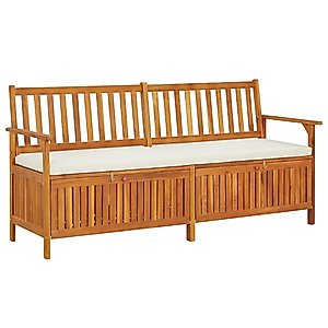 vidaXL Solid Acacia Wood Storage Bench with Cushion- Brown & Cream White, Indoor-Outdoor Versatile Bench with Ample Storage, Comfortable Padded Cushion Included